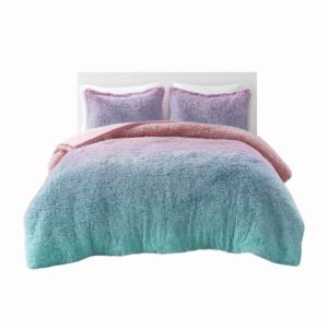 mi zone soft faux fur comforter set for girls bedroom decor, trendy vibrant ombre color, down alternative, warm, cozy comfort fluffy bedding with matching sham, twin/twin xl purple multi 2 piece