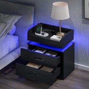 4ever2buy black night stand with led light, bedroom night stand charging station, led nightstand with 2 drawers, bedroom side table for bedroom, living room