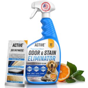 pet odor and stain eliminator - 32 oz active enzyme cleaner for dog & cat urine, stain remover spray for carpet, upholstery, hardwood, spot cleaning, deodorizer for dogs cats pets - natural citrus oil