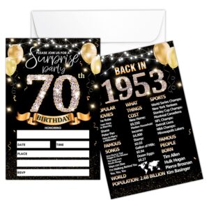 70th birthday party invitation card - black gold invites with back in 1953 poster printing on the back double-sided fill-in invites - 20 cards with envelopes for party favors - sr-16