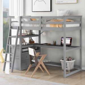 biadnbz twin size loft bed with convertible lower square seat,solid wood bunkbed with l-shape desk,shelves,guardrails and ladder,furniture for kids teens boys girls adults，space-saving design，white