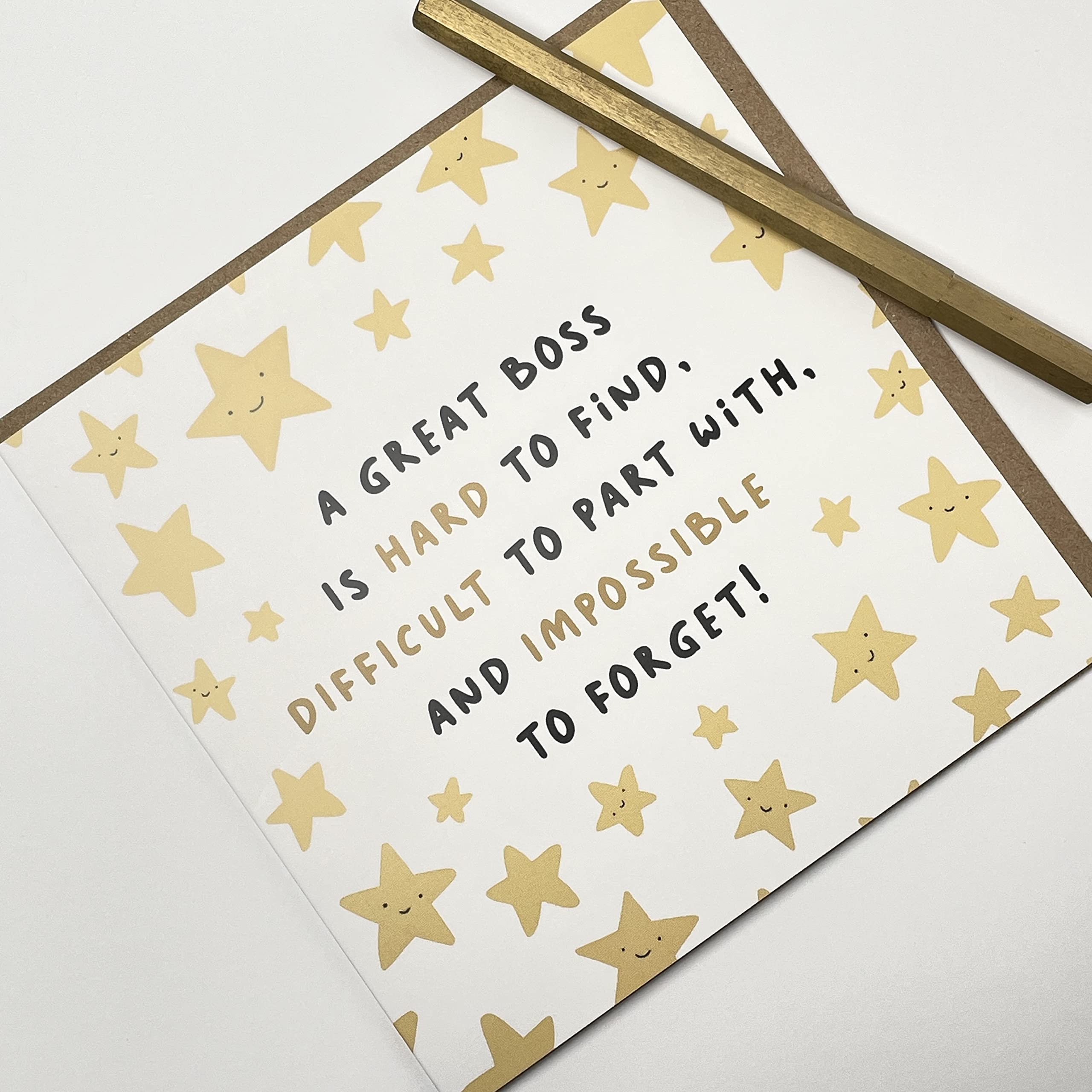 Old English Co. Fun Stars Leaving Card for Boss - 'Impossible To Forget' Leaving Card for Him or Her from Work Team - Thank You Good Luck Retirement Card for Boss | Blank Inside with Envelope