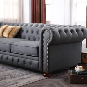 Bellemave Chesterfield Sofa Couch Faux Leather 3-Seater Sofa with Nailhead & Rolled Arms Upholstered Tufted Couches with Rubber Wood Legs for Living Room (Dark Grey)