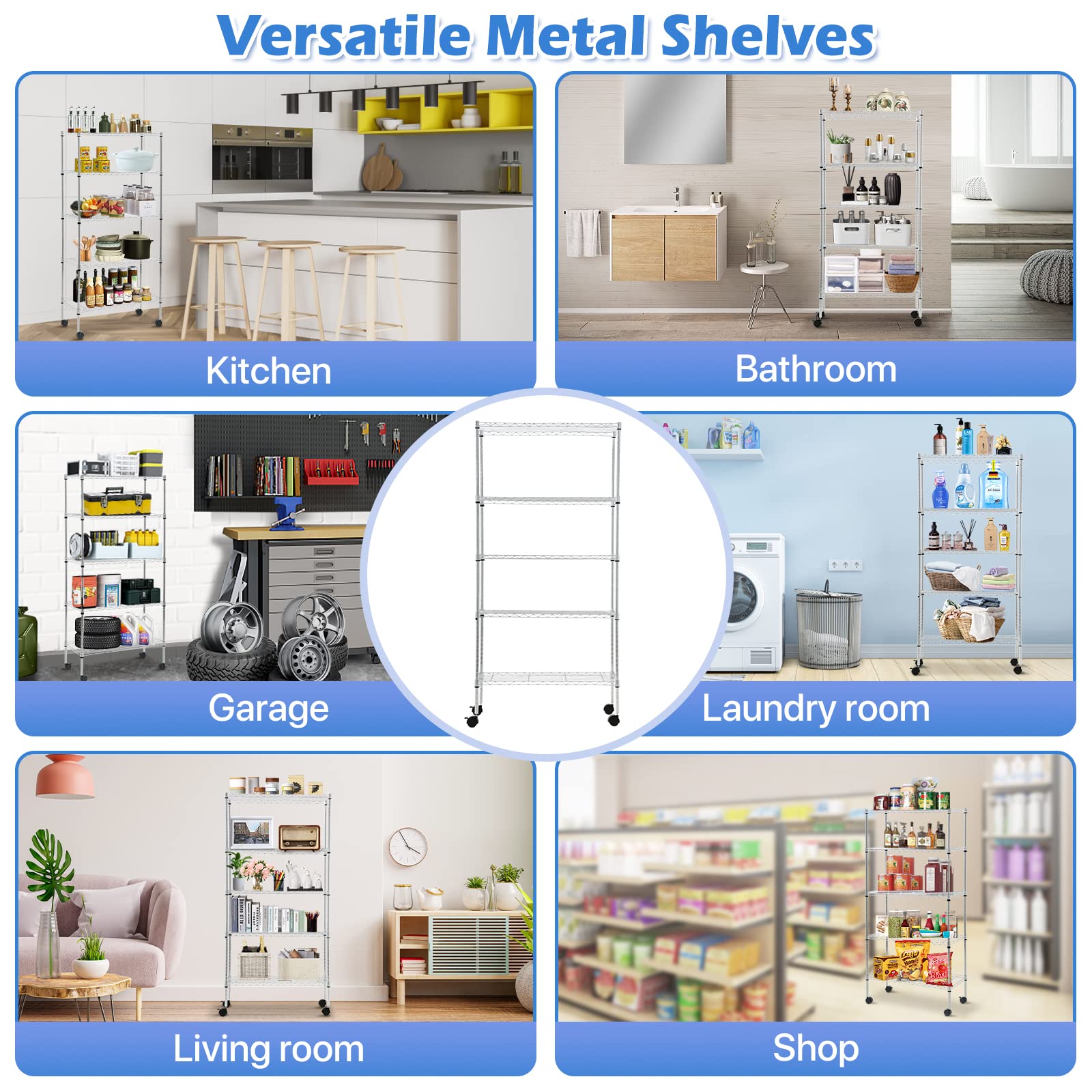 Dkelincs Wire Shelving Unit 30''L×14''W×60''H NSF Metal Storage Shelves 5 Tier Height Adjustable Wire Shelf with 4 Wheels for Kitchen Office Pantry Bathroom Garage, Chrome