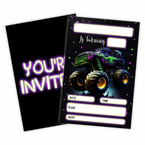 greoxg monster truck theme birthday invitations, 20 count, 4 x 6 inches, coated paper, multicolor