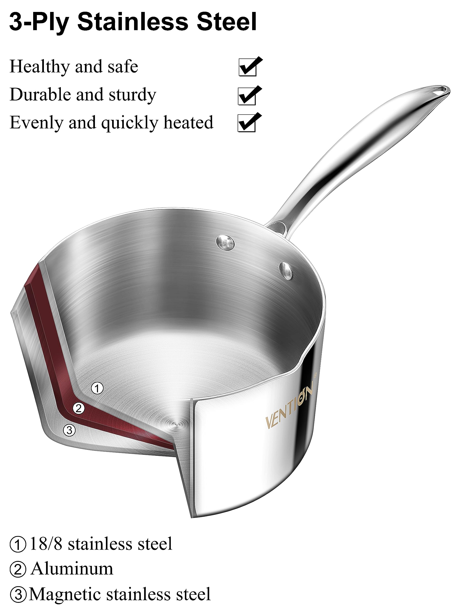 VENTION Tri-Ply Stainless Steel 1 Quart Saucepan with Lid, Bright Small Sauce Pan with Pour Spout, Small Pots for Cooking, Right Hand