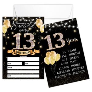 13th birthday party invitation card - black gold invites with birthday sign printing on the back double-sided fill-in invites - 20 cards with envelopes for party favors - srgold-a02