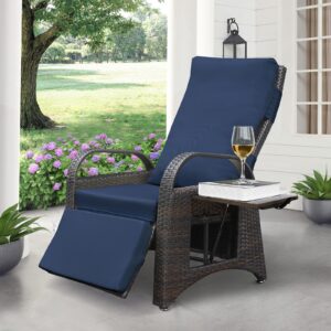 outdoor recliner chair, pe wicker adjustable reclining lounge chair and removable soft cushion, with modern armchair and ergonomic for home, sunbathing or relaxation (brown+navy)