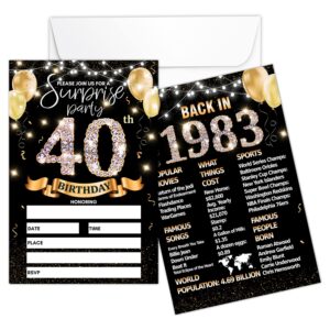 40th birthday party invitation card - black gold invites with back in 1983 poster printing on the back double-sided fill-in invites - 20 cards with envelopes for party favors - sr-13