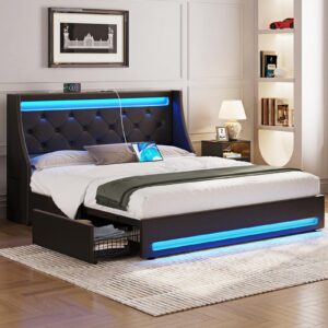 rolanstar full bed frame with led lights and charging station, pu leather bed with drawers, wooden slats, noise free, easy assembly, black