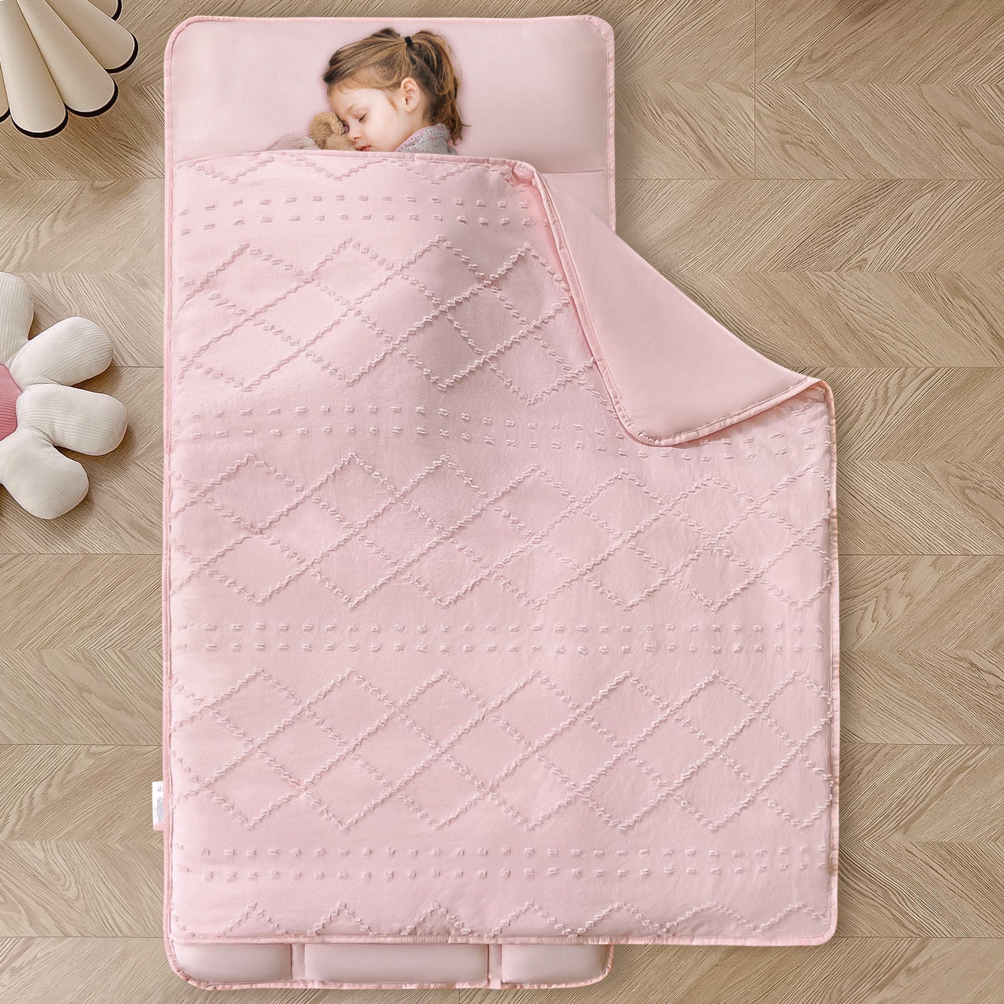 Tufted Toddler Nap Mats for Preschool Daycare Girls Pink Jacquard Tufts Kids Sleeping Mats Toddler Slumber Bag Nap Pad with Removable Pillow for Girls Boys Kindergarten Sleepovers Travel and Camping