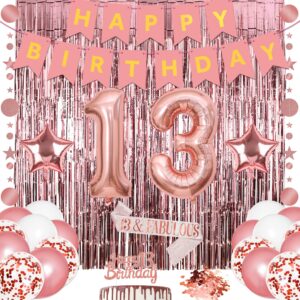 yawagor 29 pieces rose gold 13th birthday decorations for girls, happy birthday decor set-13th birthday foil balloons, sash fabulous, cake topper, fringe curtains backdrop for indoor party supplies