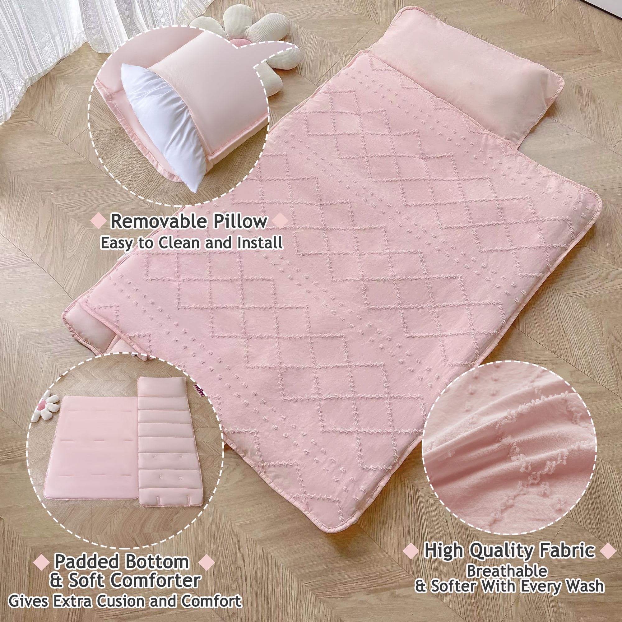 Tufted Toddler Nap Mats for Preschool Daycare Girls Pink Jacquard Tufts Kids Sleeping Mats Toddler Slumber Bag Nap Pad with Removable Pillow for Girls Boys Kindergarten Sleepovers Travel and Camping