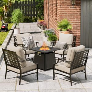 mixpatio patio furniture set with fire pit table, 5 pcs metal outdoor conversation set, 4 single chairs with 5.75" extra thick cushion and 28" fire pit table for backyard deck, beige