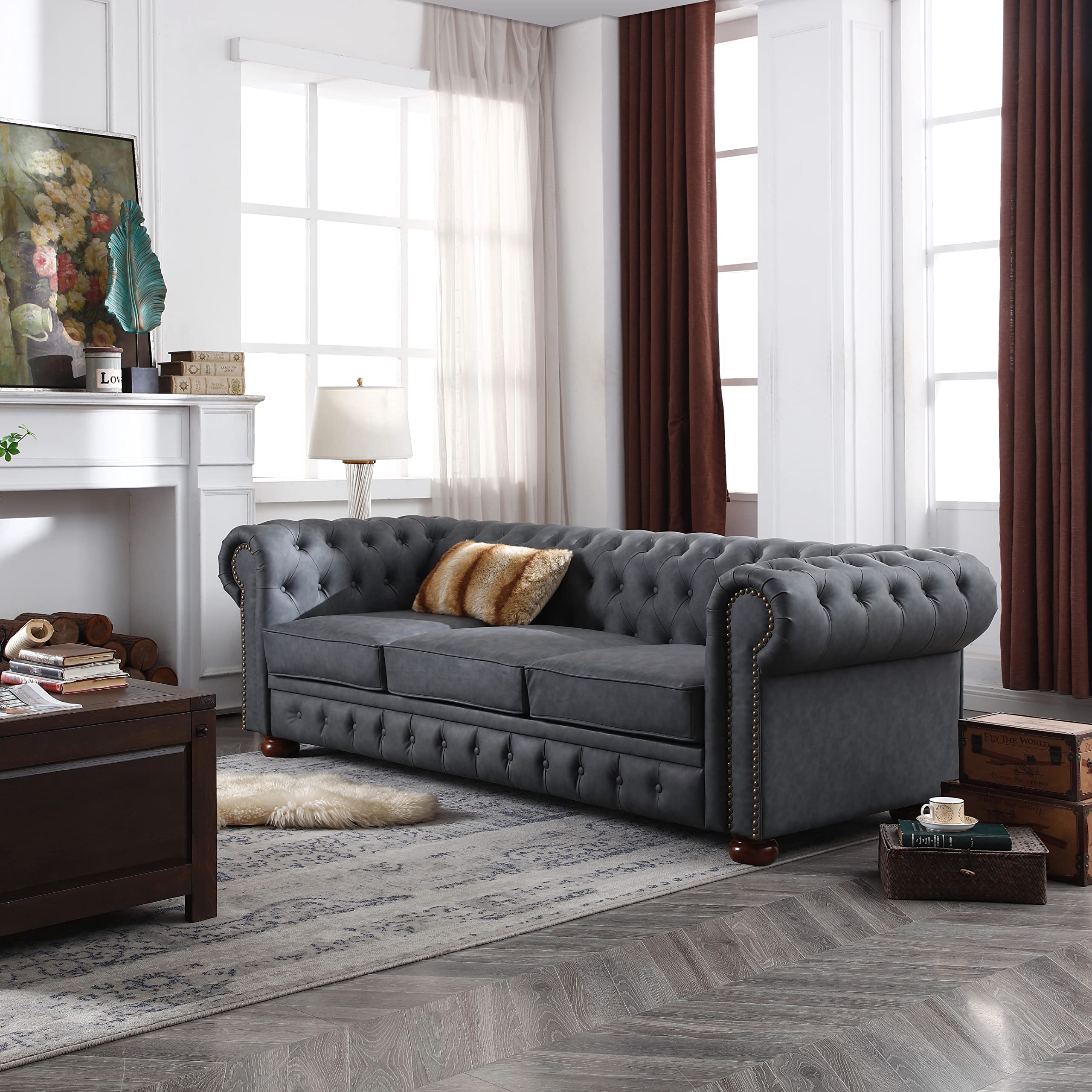 Bellemave Chesterfield Sofa Couch Faux Leather 3-Seater Sofa with Nailhead & Rolled Arms Upholstered Tufted Couches with Rubber Wood Legs for Living Room (Dark Grey)