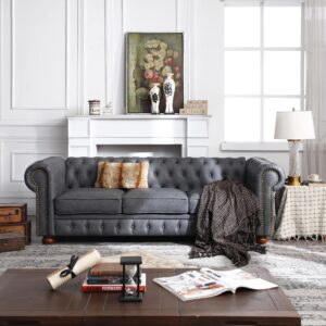 bellemave chesterfield sofa couch faux leather 3-seater sofa with nailhead & rolled arms upholstered tufted couches with rubber wood legs for living room (dark grey)