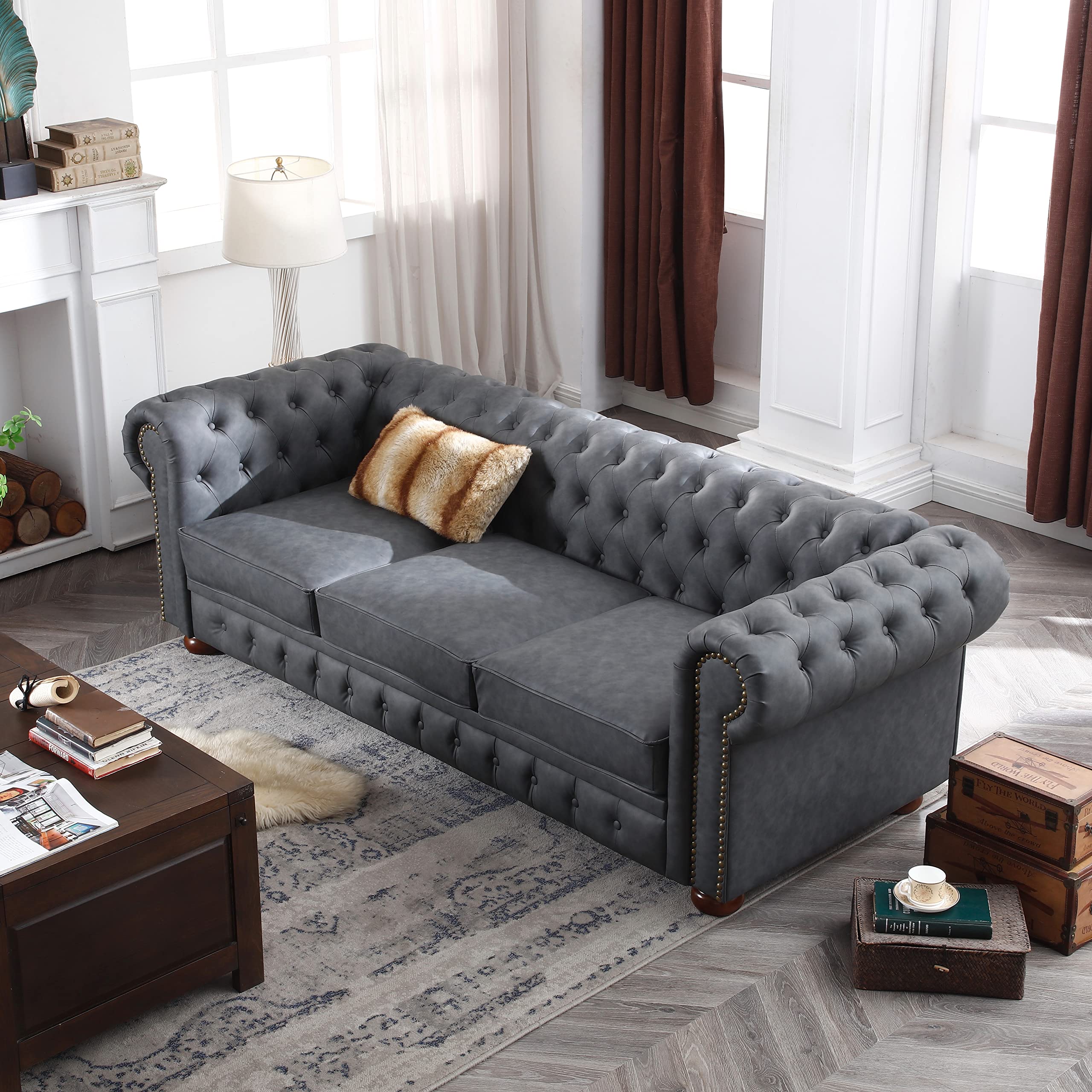 Bellemave Chesterfield Sofa Couch Faux Leather 3-Seater Sofa with Nailhead & Rolled Arms Upholstered Tufted Couches with Rubber Wood Legs for Living Room (Dark Grey)