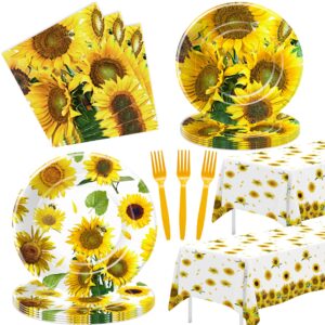 apowbls sunflower plates and napkins party decorations tableware, sunflower party supplies for birthday, baby shower, bridal shower, plate, napkin, tablecloth, sunflower table decorations | serve 24