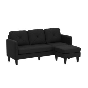 Grepatio Convertible Sectional Sofa Couch, 3 Seat L-Shaped Sofa Couch with Modern Linen Fabric for Small Space Living Room (Black)