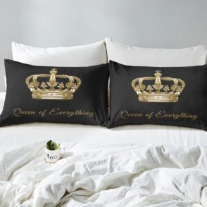 jejeloiu Queen Pattern Bedding Set Kids Crown Printed Comforter Set Modern Comforter for Women Men Room Decor Abstract Art Gold Black Duvet Set Queen Size with 2 Pillow Case