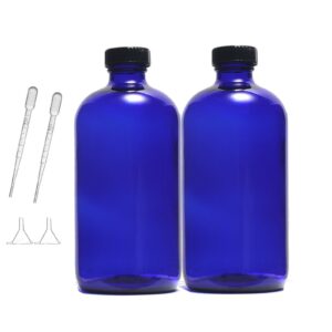 manhojia 16oz blue glass bottles with reusable lids (2 pack),refillable boston storage bottle,dispensing bottles for homemade vanilla extract, essential oils, plant