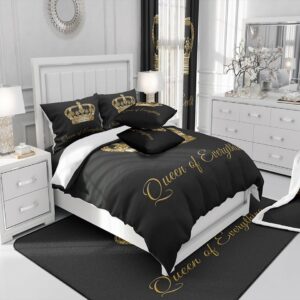 jejeloiu Queen Pattern Bedding Set Kids Crown Printed Comforter Set Modern Comforter for Women Men Room Decor Abstract Art Gold Black Duvet Set Queen Size with 2 Pillow Case