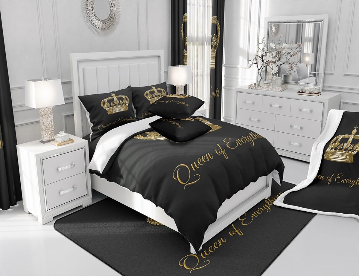 jejeloiu Queen Pattern Bedding Set Kids Crown Printed Comforter Set Modern Comforter for Women Men Room Decor Abstract Art Gold Black Duvet Set Queen Size with 2 Pillow Case