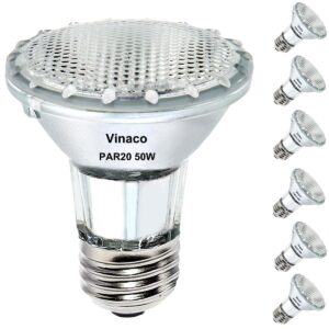 vinaco par20 50w halogen bulb, 6 pack high output par20 flood light bulb, 50w par20 halogen dimmable, long lasting par20 50w 120v warm white 2800k, e26 par20 50 watt halogen flood light