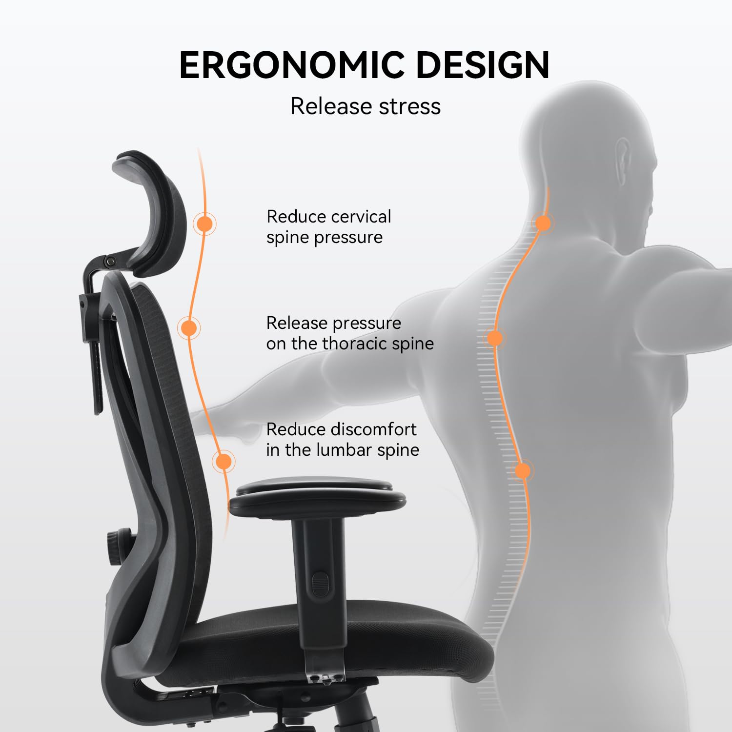 XUER Ergonomic Office Chair, Mesh Computer Desk Chair with Adjustable Sponge Lumbar Support, Thick Cushion, PU Armrest and Headrest, High Back Swivel Home Office Task Chair for Work (Grey)…