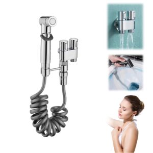 double control mini shower, handheld toilet bidet sprayer, bathroom toilet bidet sprayer kit, bidet attachment with pressure control jet spray, dual function faucet sprayer rinser (silver hose set)