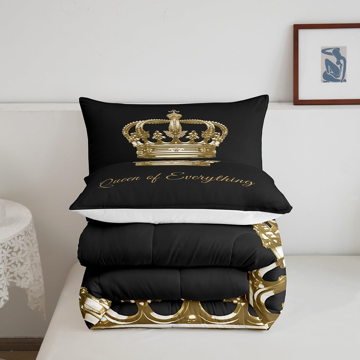 jejeloiu Queen Pattern Bedding Set Kids Crown Printed Comforter Set Modern Comforter for Women Men Room Decor Abstract Art Gold Black Duvet Set Queen Size with 2 Pillow Case