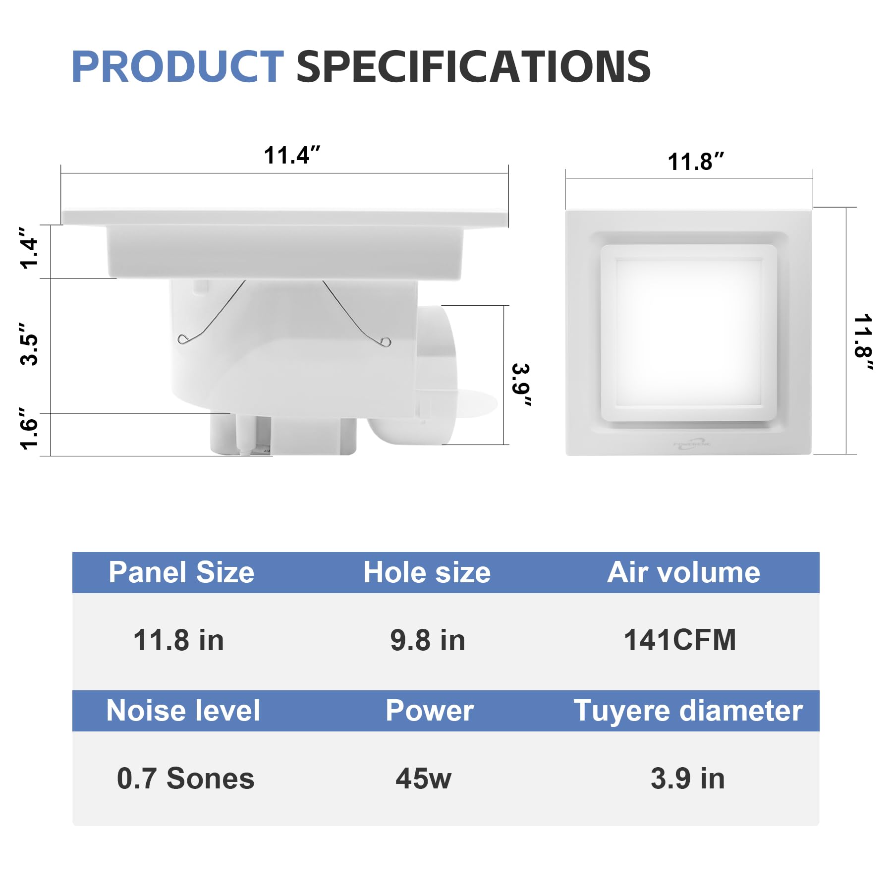 POWERENG Bathroom Exhaust Fan with Light,11.8 In Panel,6000K 12W Square LED,141 CFM,0.7 Sones 4 Inches Duct 110V,Quiet Bathroom Ventilation Exhaust Fan for Shower/Restroom/Office/Home