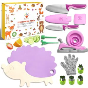 kibbidea 13 pcs kids kitchen knife set, kids knives for real cooking with cutting board, peeler, serrated edges stainless steel toddler safe knife, sandwich cutter (purple)