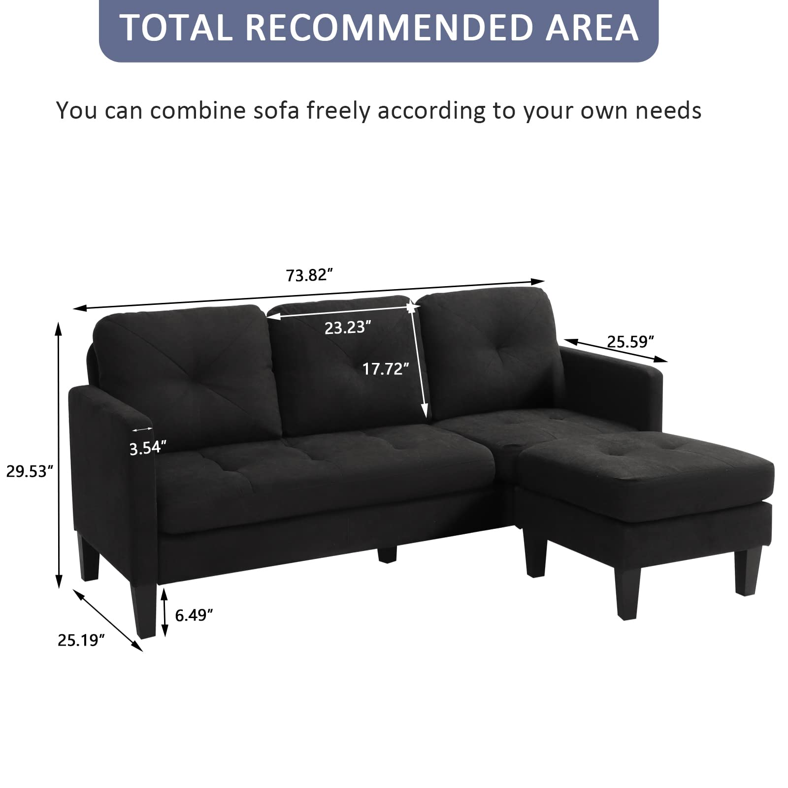 Grepatio Convertible Sectional Sofa Couch, 3 Seat L-Shaped Sofa Couch with Modern Linen Fabric for Small Space Living Room (Black)