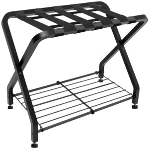 whoonba folding luggage rack with 2-tiers storage shelf, foldable steel frame luggage organizers for suitcase, metal luggage holder for guest room, bedroom, hotel, closet, black, 1pack