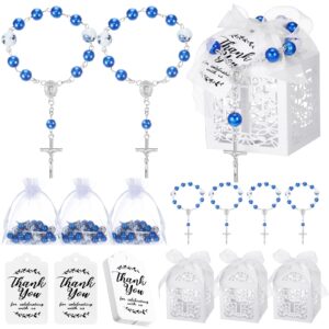 100 pcs baptism favors set includes 25 pcs mini rosary 25 pcs baptism favor boxes 25 pcs white organza bags 25 pcs kraft thank you tags for christening communion baby shower party decorations (blue)