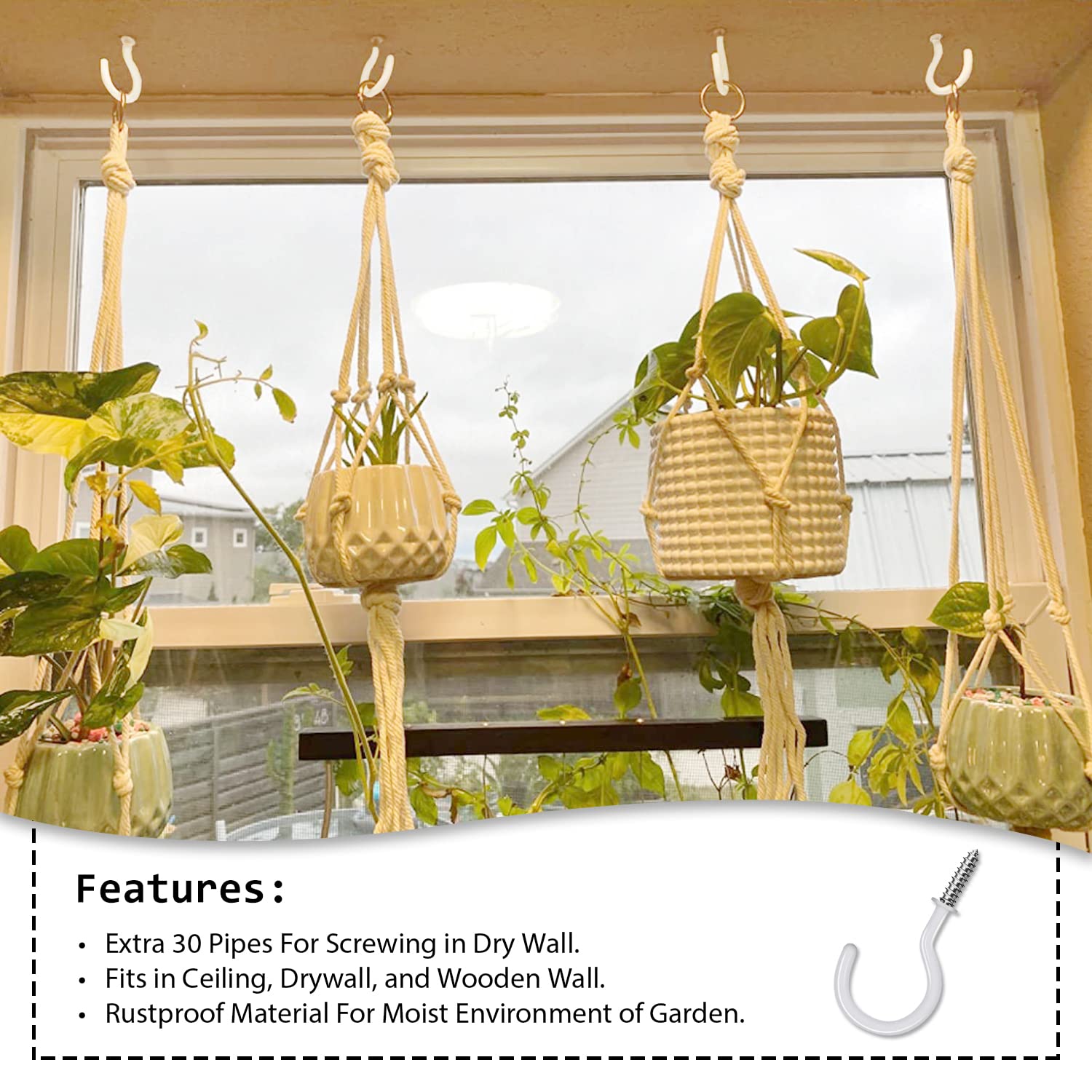 Etoolia 50 Pcs Ceiling Hooks for Hanging Plants - 2.9 inches Plant Hooks Heavy Duty, Hanging Hooks for Christmas Lights, Cups, Decors - White Vinyl Coated Screw in Plant Hanger Hook Indoor and Outdoor