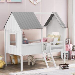 harper & bright designs house twin bed for kids, low loft bed frame twin size, wood kids twin house bed with two side windows and roof for kids,teens, girls & boys, no box spring needed (white+gray)