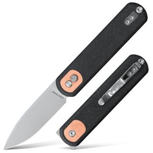 vosteed corgi small folding knife, flipper knife with clip for men women gifts, patented trek lock pocket knife 2.99" sandvik 14c28n blade, micarta handle for edc