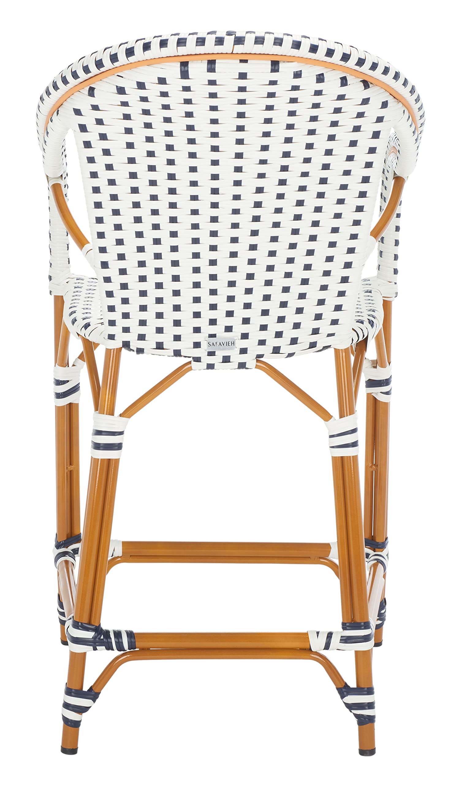 SAFAVIEH Outdoor Collection California White/Navy Bistro Woven Counter Stool with Arms (Fully Assembled)