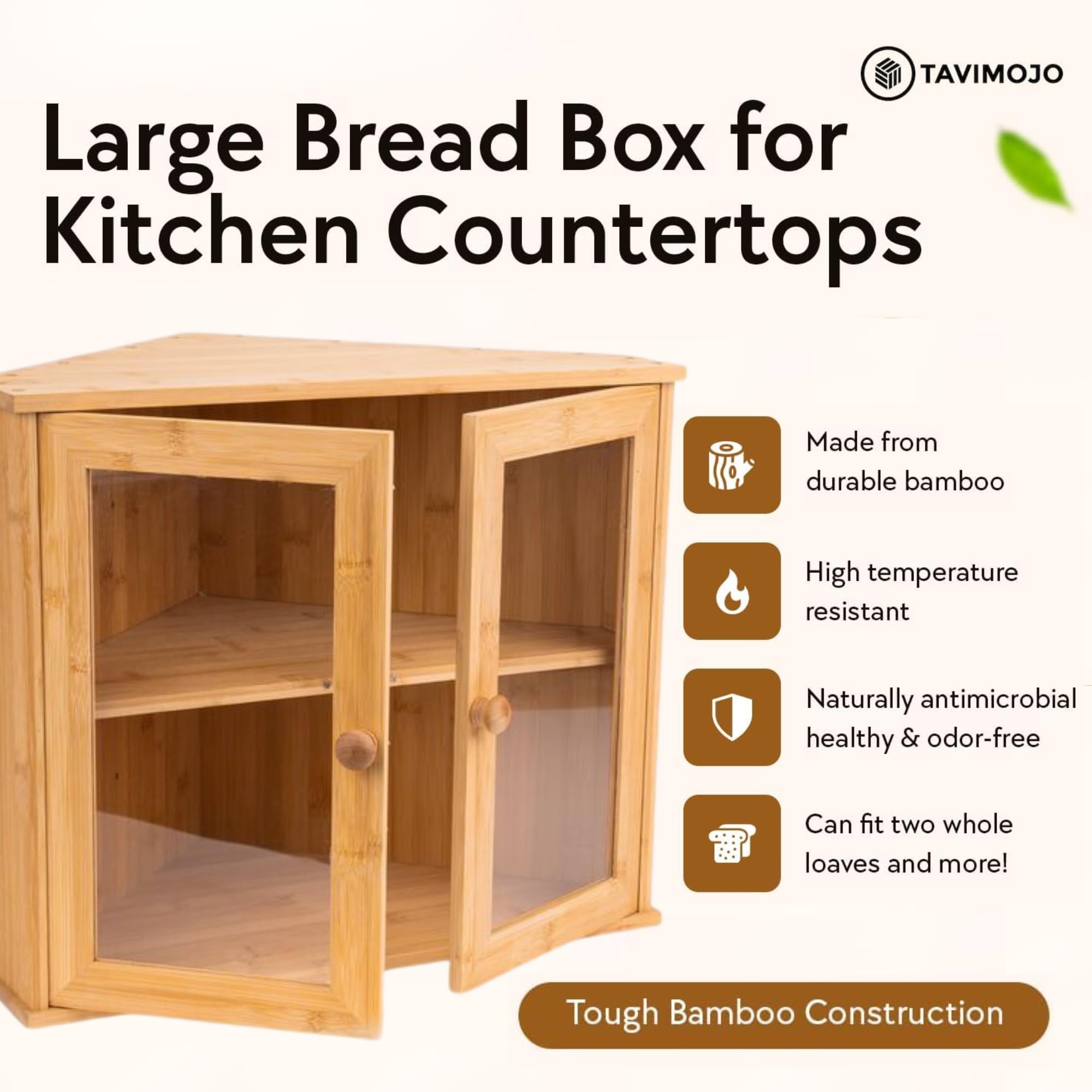 TAVIMOJO Corner Bread Box for Kitchen Countertop - Wooden Bamboo Breadbox Storage Container for Homemade Bread & Sourdough - Airtight Bread Holder Saver for Counter Shelf (Large, Double Layer)