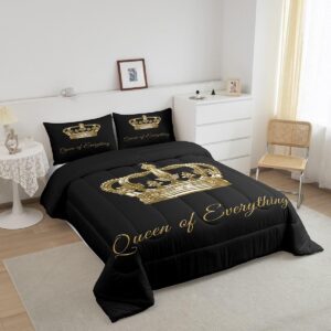 jejeloiu Queen Pattern Bedding Set Kids Crown Printed Comforter Set Modern Comforter for Women Men Room Decor Abstract Art Gold Black Duvet Set Queen Size with 2 Pillow Case