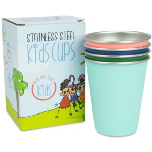 stainless steel kids cups - set of 4 - metal cups for children and toddlers, premium 10 oz drinking glasses in fun colors, bpa free, unbreakable (assorted 2)