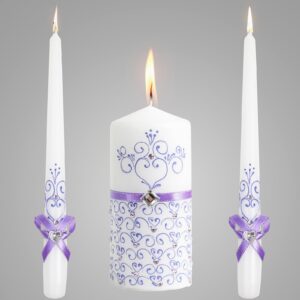 wedding candles for ceremony set violet - unity candles set of 3 ceremonial candles - 6" pillar & 2 10" tapers wedding candles velas matrimoniales