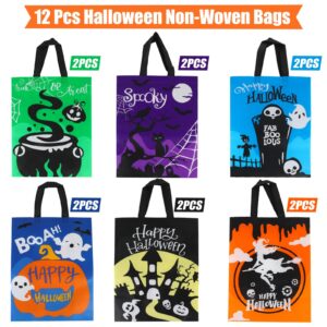 KIMOBER 12 Packs Halloween Non-Woven Trick or Treat Bags,Large Reusable Gift Tote Bags with Handles,6 Colors Goodie Bags for Halloween Party Supplies,15.7×11.8×5.9“