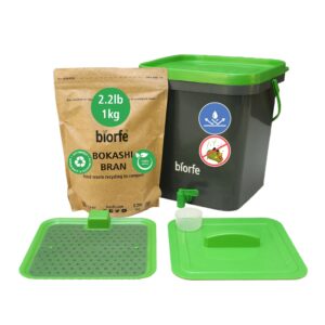 biorfe bokashi indoor compost starter kit all seasons bokashi bran - attractive countertop kitchen odor free compost bin - composting bucket container with 2.2 lbs organic dry bokashi bran for indoor