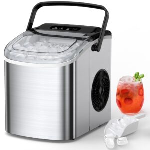 joy pebble ice maker countertop with handle, self-cleaning portable ice machine with basket and scoop, 26lbs/24h, 9 cubes ready in 6-8 mins, for home/office/kitchen, stainless steel