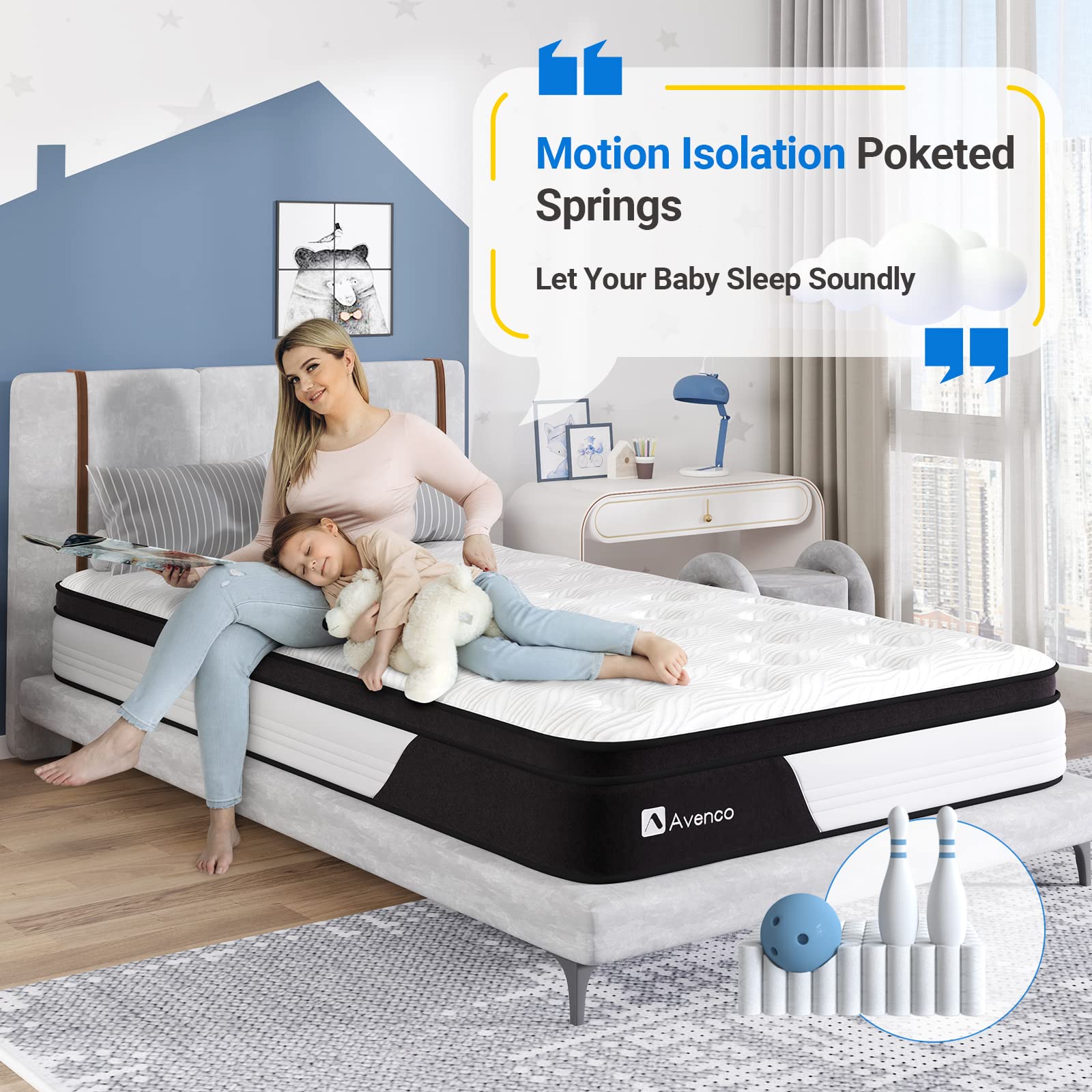 Avenco Twin XL Mattress 12 Inch, Hybrid Mattress XL Twin Medium Firm, Twin XL Mattress in a Box with Pocketed Springs CertiPUR-US Foam Mattress, Supportive & Pressure Relief, Breathable Fabric