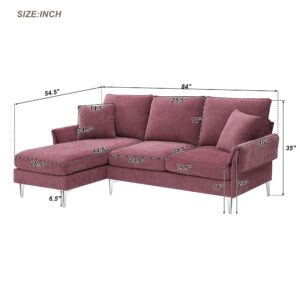 P PURLOVE Convertible Sectional Sofa Couch with 2 Pillows, Convertible Sectional Sofa, Modern Chenille L-Shaped Sofa Couch with Reversible Chaise Lounge for Living Room Apartment (Pink)