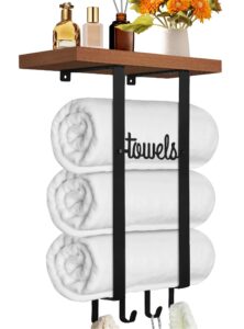 towel holder bathroom storage with wooden shelf and 4 hooks towel rack wall mounted for rolled towels towel organizer for narrow bathroom accessories and decor